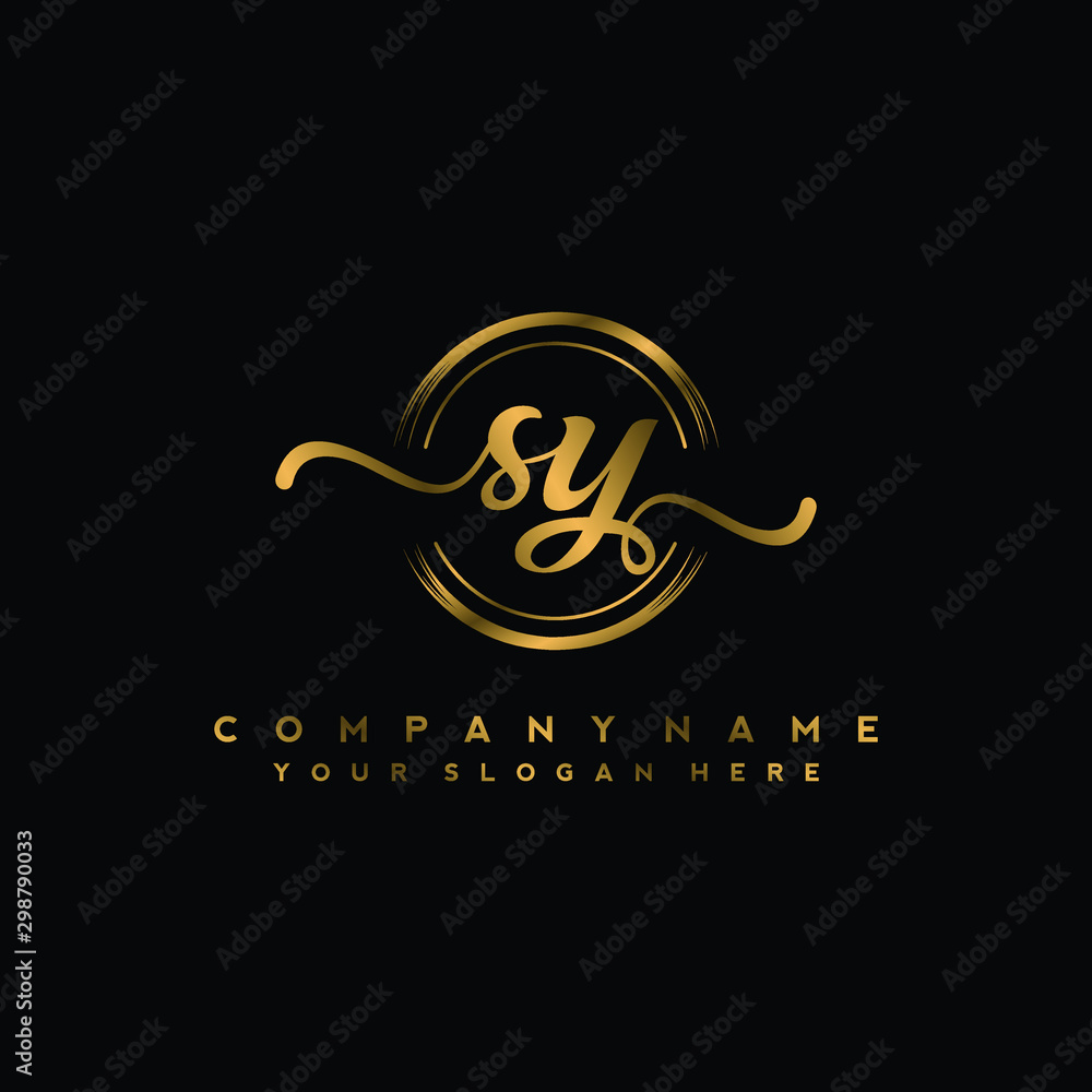 SY Initial handwriting logo design with golden brush circle. Logo for ...