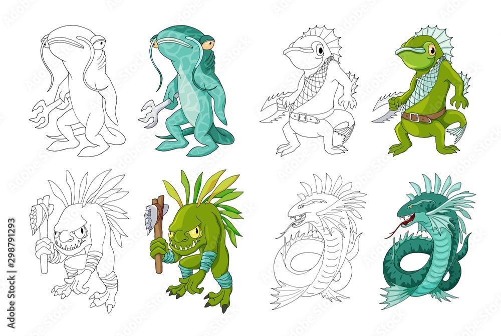 Cartoon monster sea creature characters set. Vector clip art ...