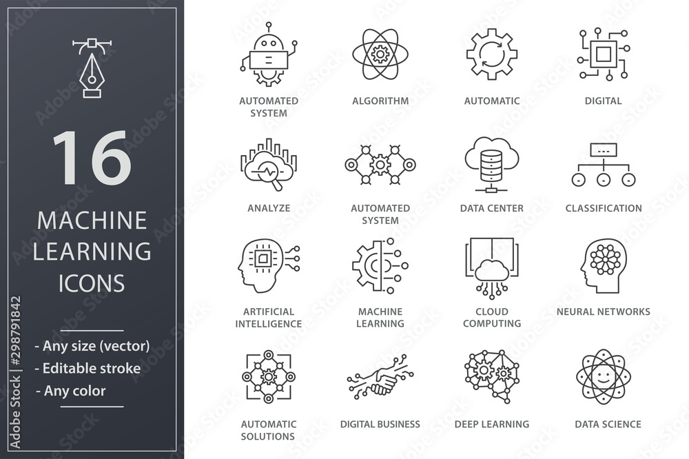 Machine learning line icons set. Black vector illustration. Editable ...
