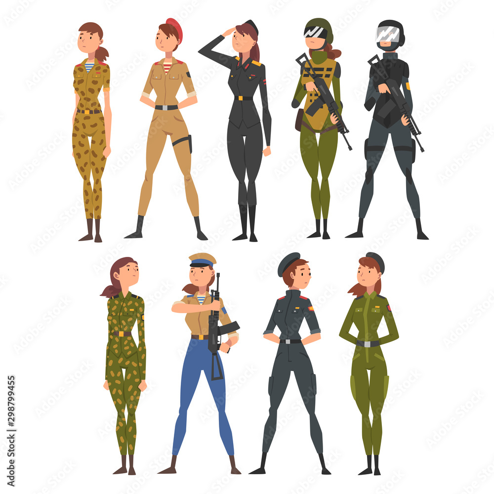Collection of Woman Soldiers or Officers in Combat Uniform with Assault ...