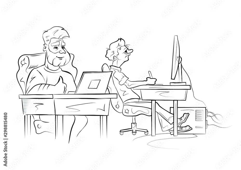Two men works on the computer. Hand drawn sketch vector illustration ...