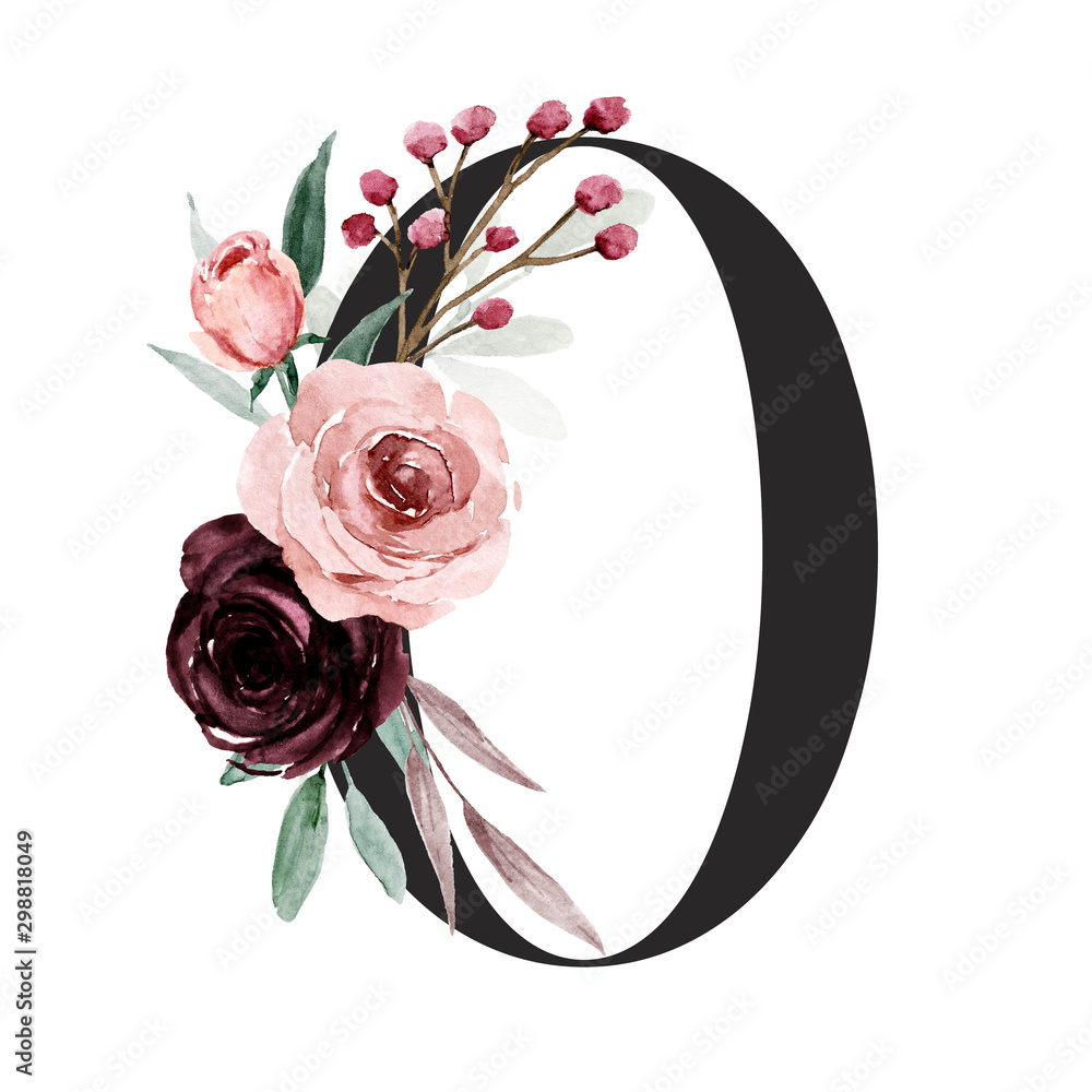 Number 0 with watercolor flowers burgundy and pink roses and leaf ...