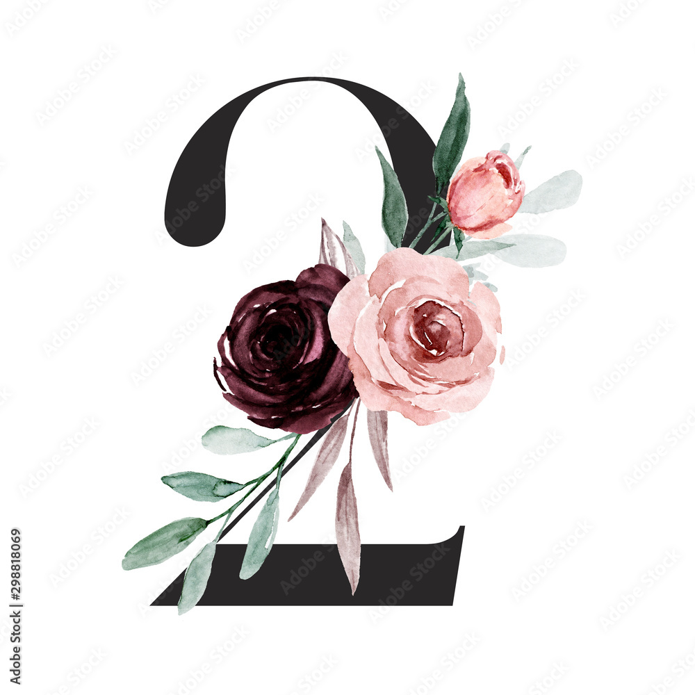 Number 2 with watercolor flowers burgundy and pink roses and leaf ...