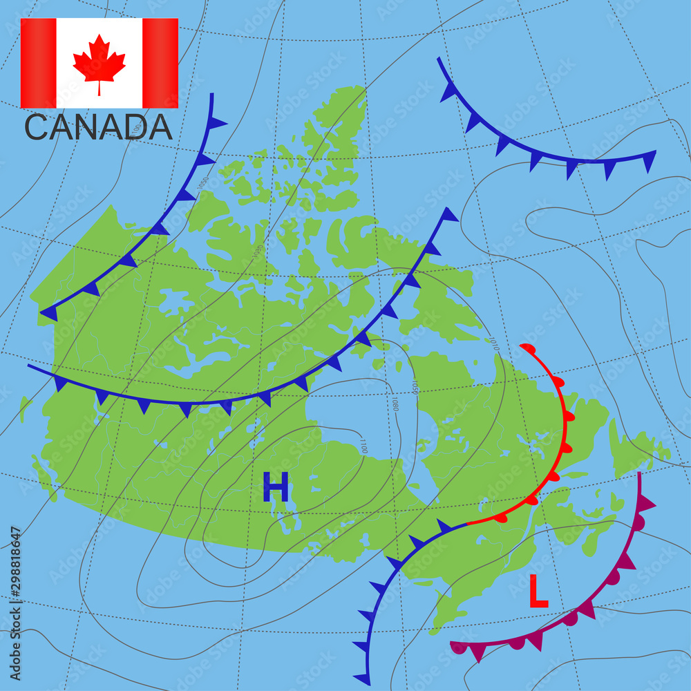 Canada. Realistic synoptic map of the Canada showing isobars and ...