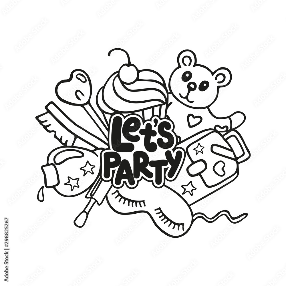 Hand drawn lettering Let's party. Linear concept for pajama sleepover ...
