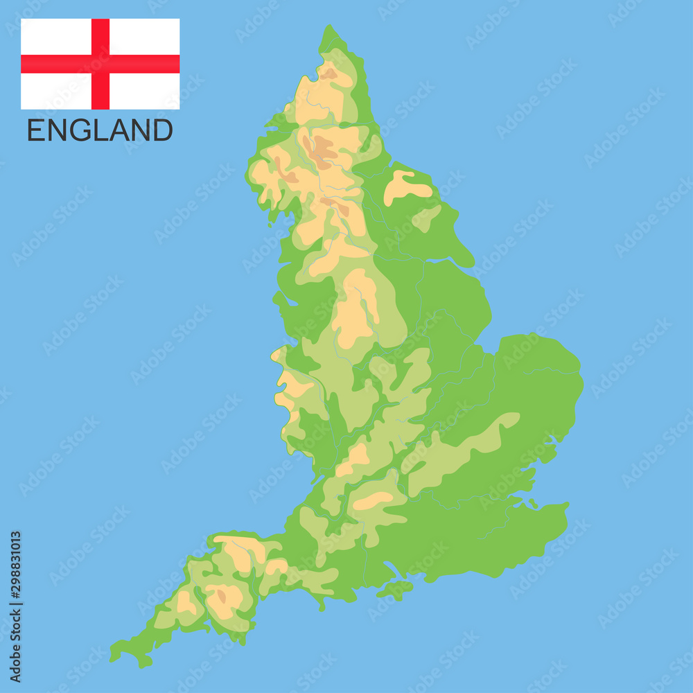 England. Detailed physical map of England colored according to ...