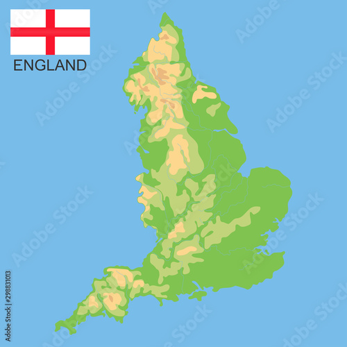 England. Detailed physical map of England colored according to ...