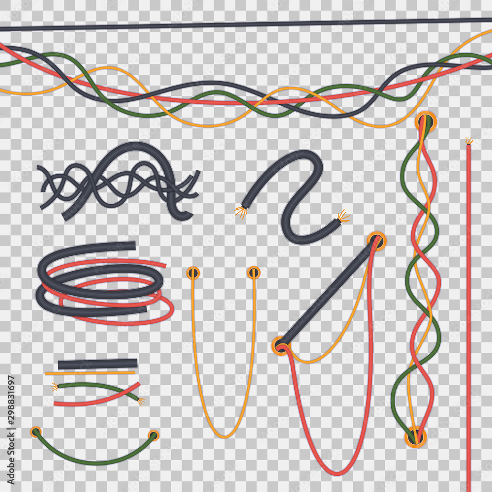 Electric cables set. Realistic isolated electrical wires intertwined ...