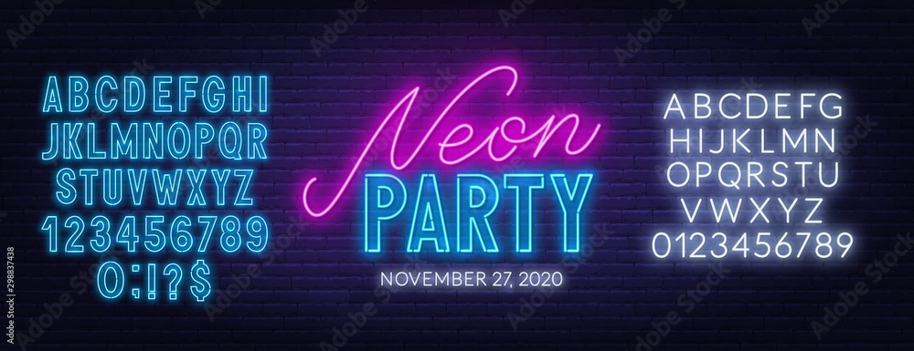 Neon lettering Neon Party on brick wall background. Template for design ...