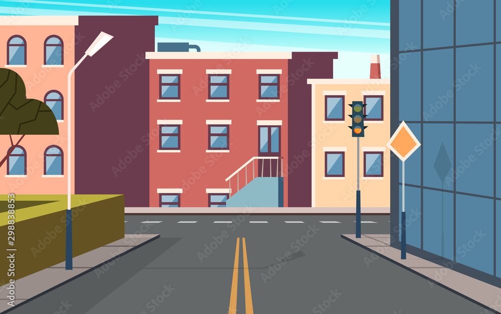 City street cartoon. Urban structure buildings crossroad vector ...