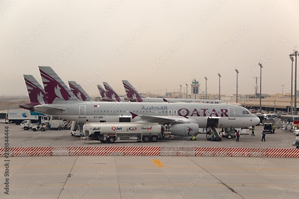DOHA, QATAR - APRIL 4: Aircrafts of the Qatar airways fleet at Doha ...