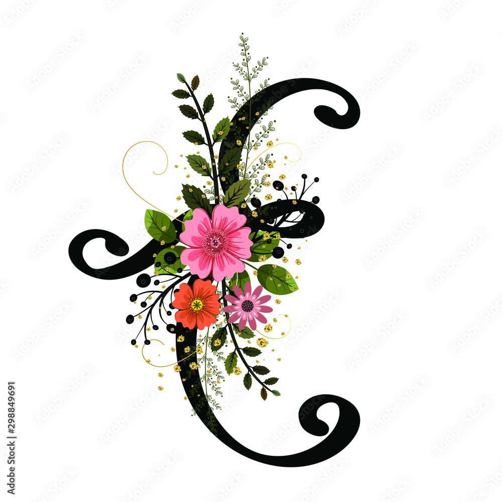 Floral Alphabet - Letter E with flowers and leaves hand drawn. Flowers ...