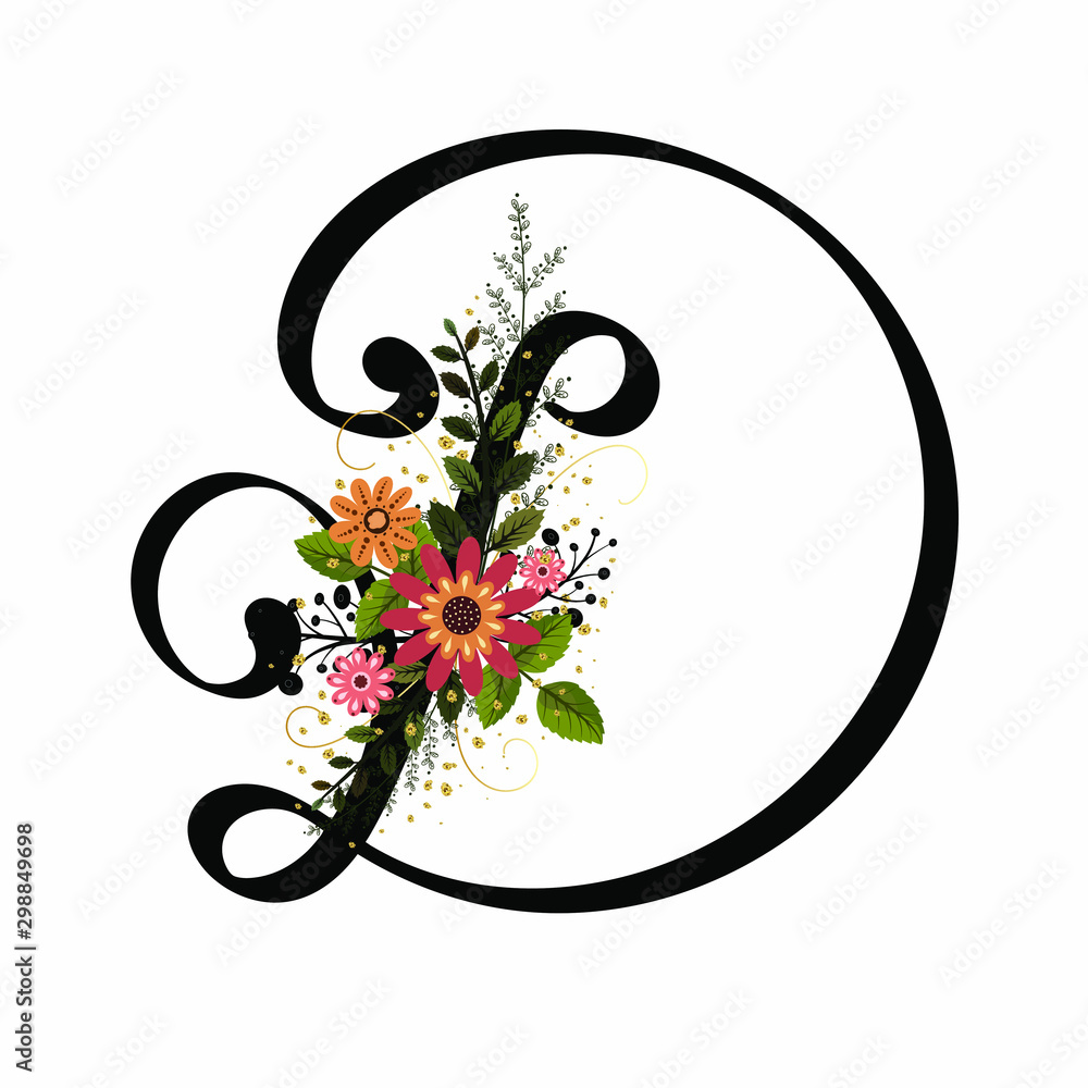 Floral Alphabet - Letter D with flowers and leaves hand drawn. Flowers ...