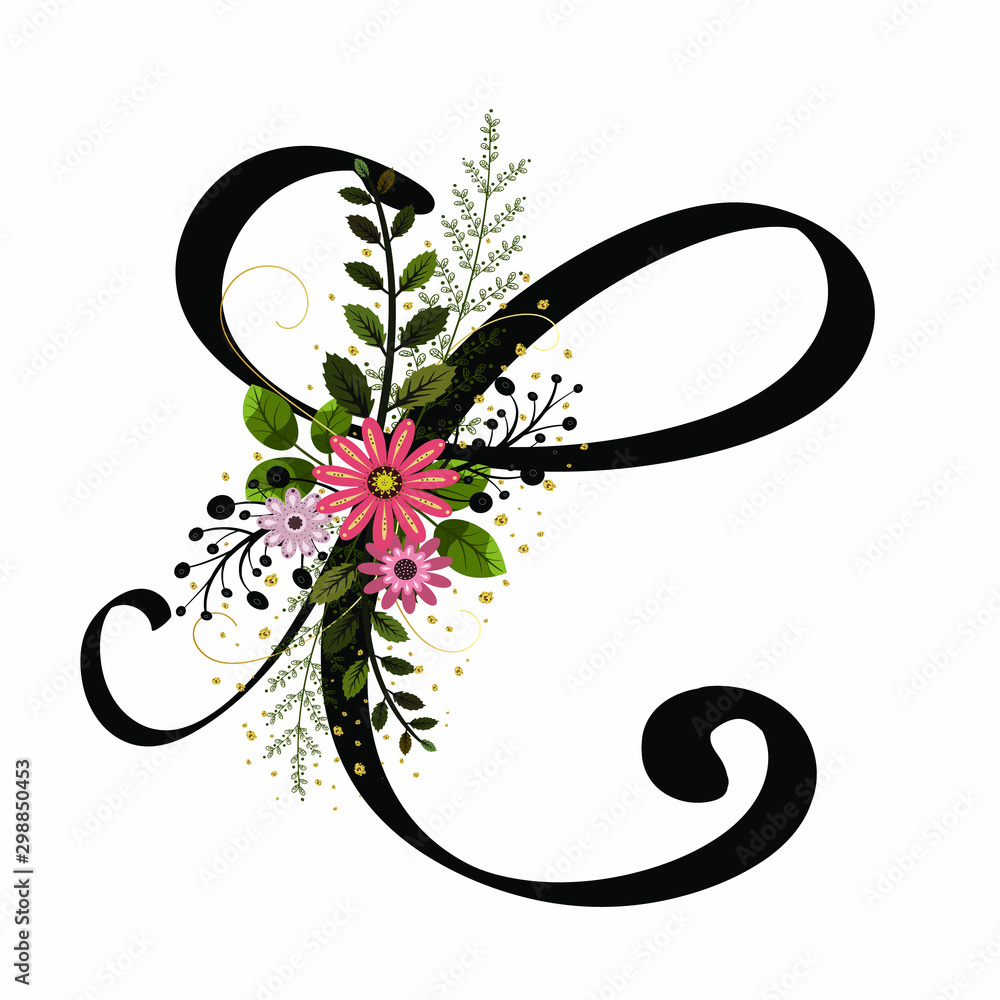 Floral Alphabet - Letter C with flowers and leaves hand drawn. Flowers ...