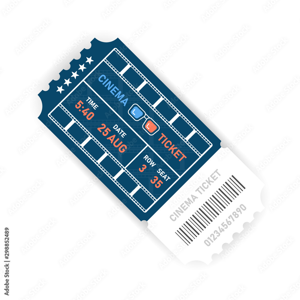 Vector realistic blue designed cinema ticket close up top view isolated ...
