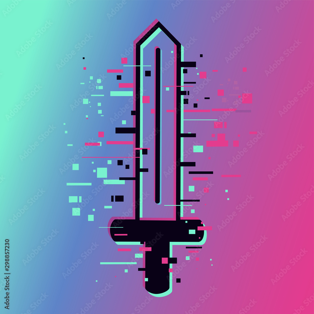 Cyber sword. Video game vector emblem with glitch effect. Fantasy ...