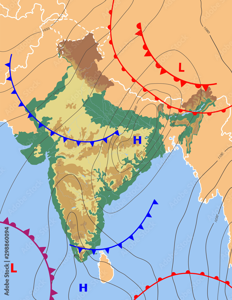 Realistic weather map of the India showing isobars and weather fronts ...