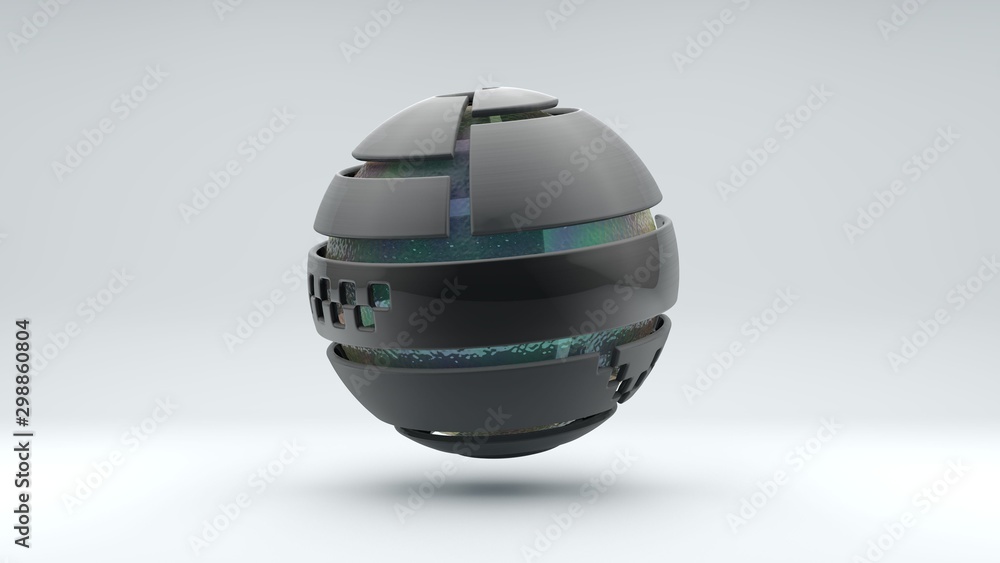 3D rendering of a large metal sphere consisting of many segments ...