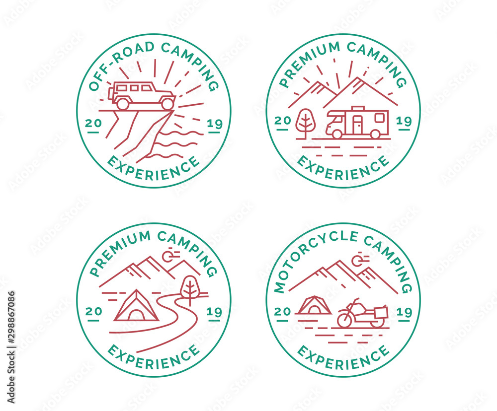 Set of camping vector line logo, badges. Emblems of a camper van, suv ...