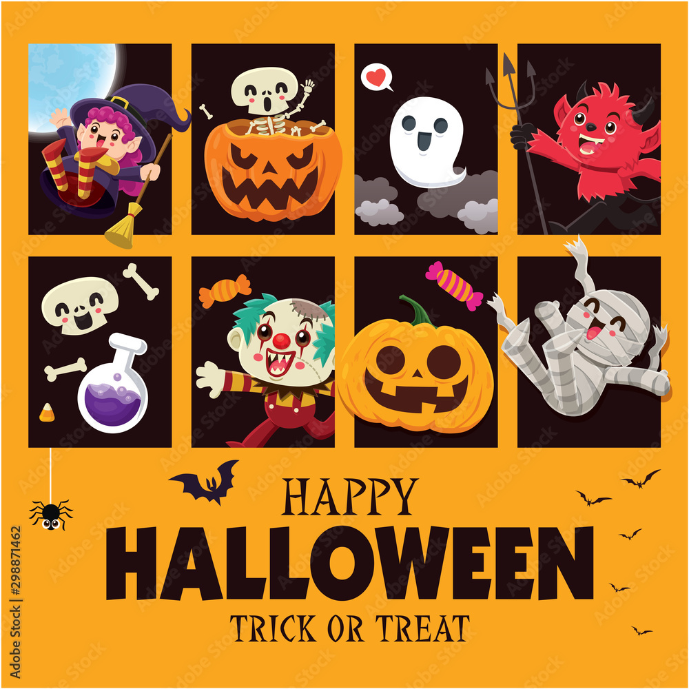 Vintage Halloween poster design with vector ghost, demon, witch, ghost ...