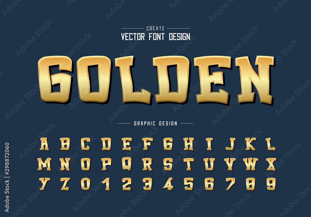 Gold font and cartoon alphabet vector, Golden typeface and number ...