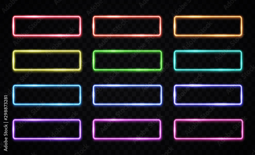 Colorful neon light frames set on transparent background. Red, green ...