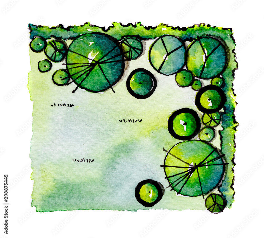 Landscape architect plan design by watercolor hand drawn painting with ...