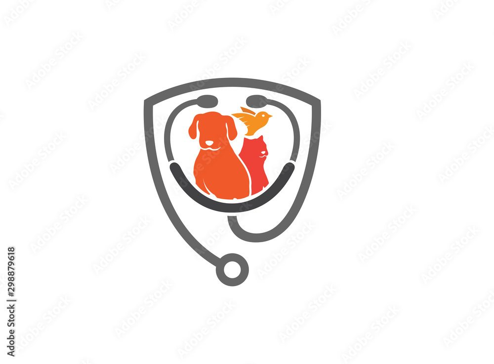 veterinary stethoscope with dog, cat and bird logo design illustration ...