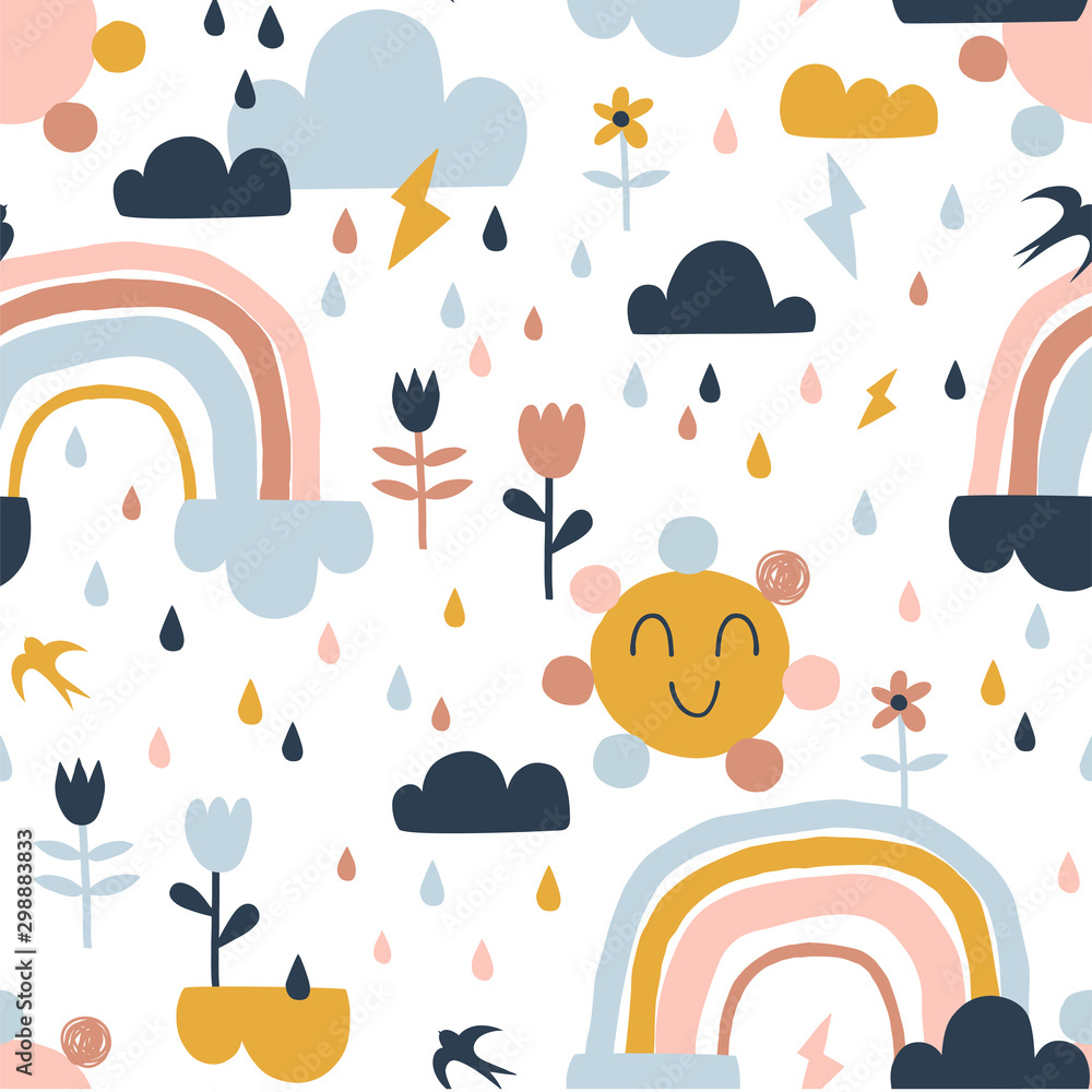 Seamless cute pattern with hand drawn rainbows, rain drops, clouds sun ...