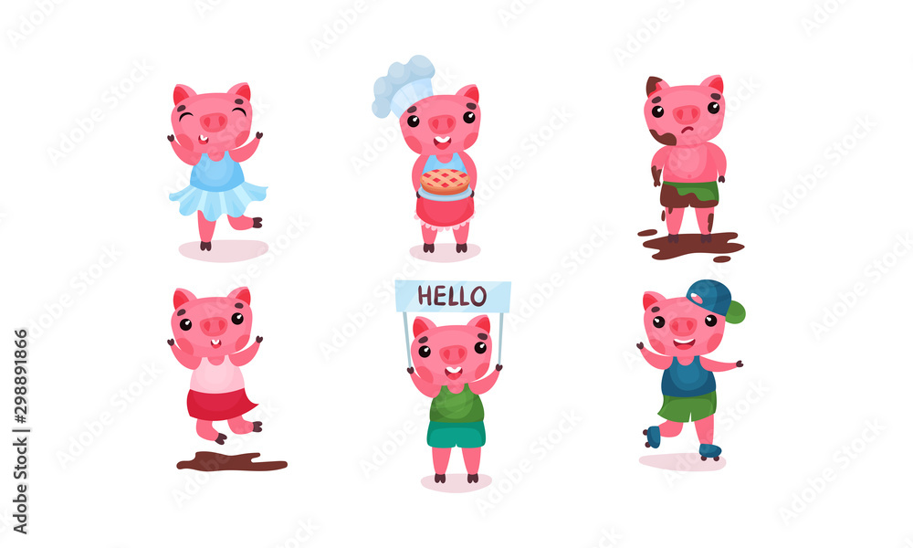 Cute cartoon pigs in different clothes. Vector illustration on a white ...