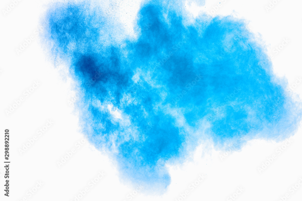 Bizarre forms of blue powder explode cloud on white background ...