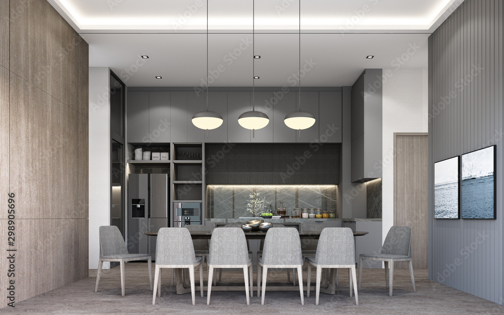 Interior design of modern luxury dining area and pantry with dining chair and dining table, grey ...