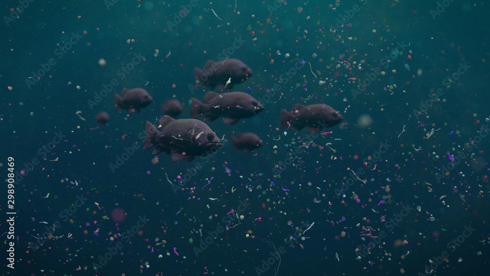 fish swarm swimming through plastic pollution, micro plastic particles ...