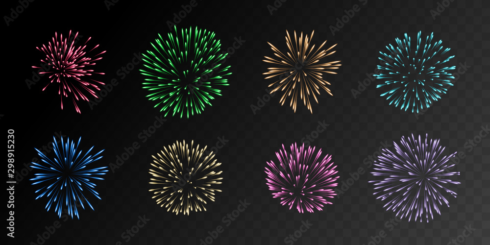 A vector collection showcasing eight realistic fireworks in various ...
