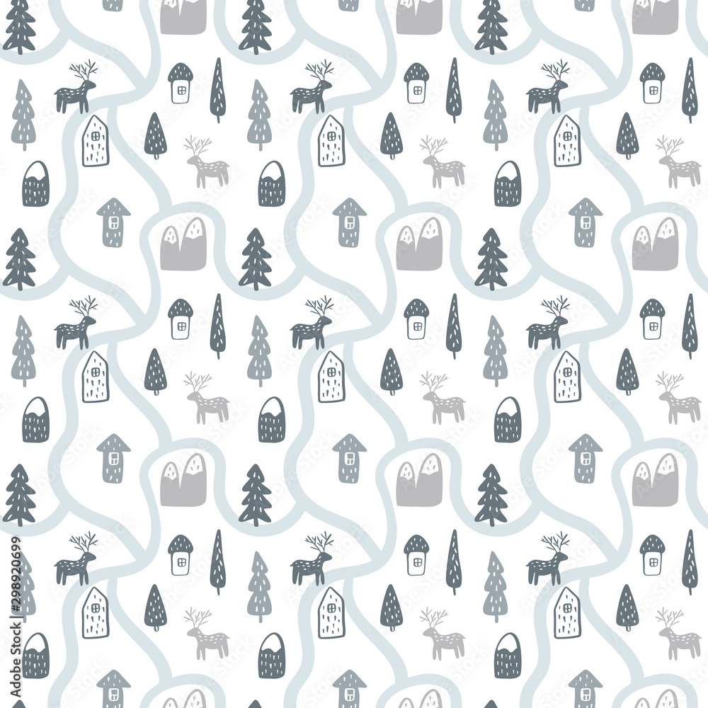 Cartoon winter Christmas map seamless pattern. Vector landscape with ...