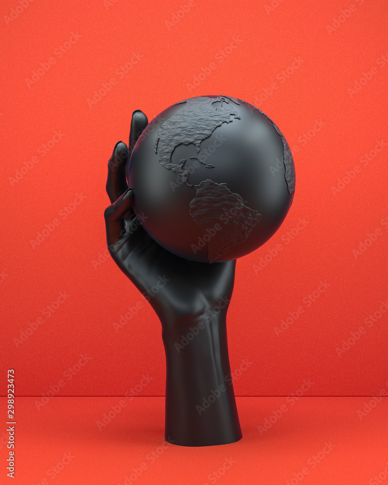 Black hand sculpture holding abstract Earth globe. World domination ...