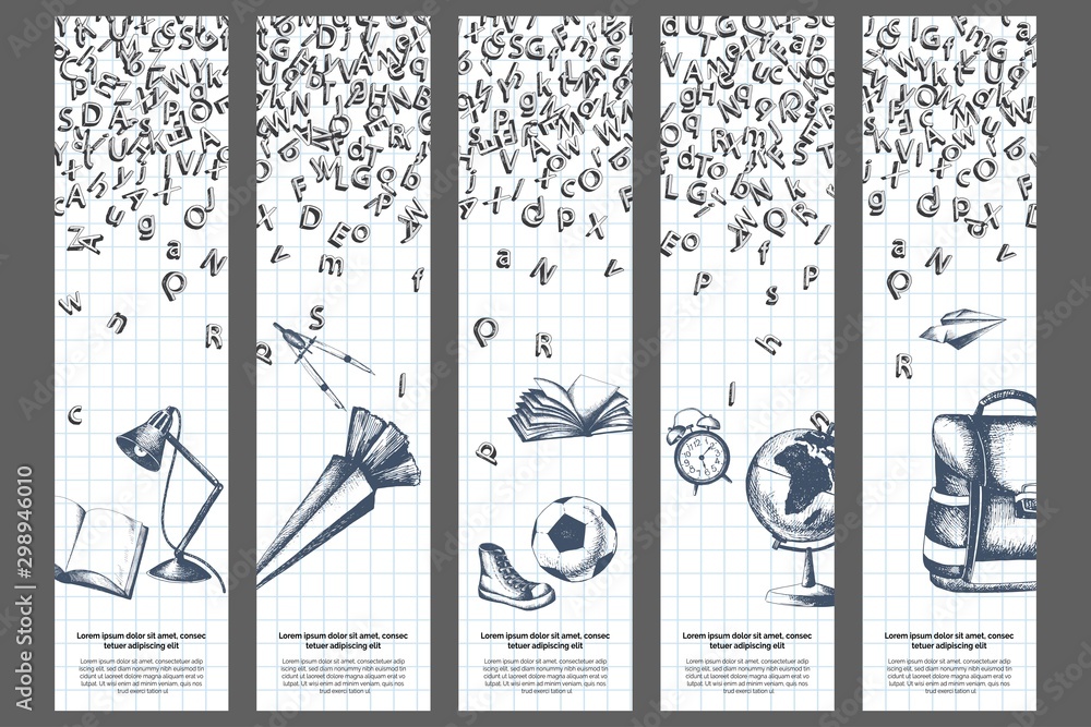 Bookmarks templates with letters and school things. Sketch artwork on ...