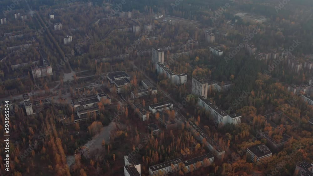 Aerial views of the city of Pripyat near the Chernobyl gas station ...