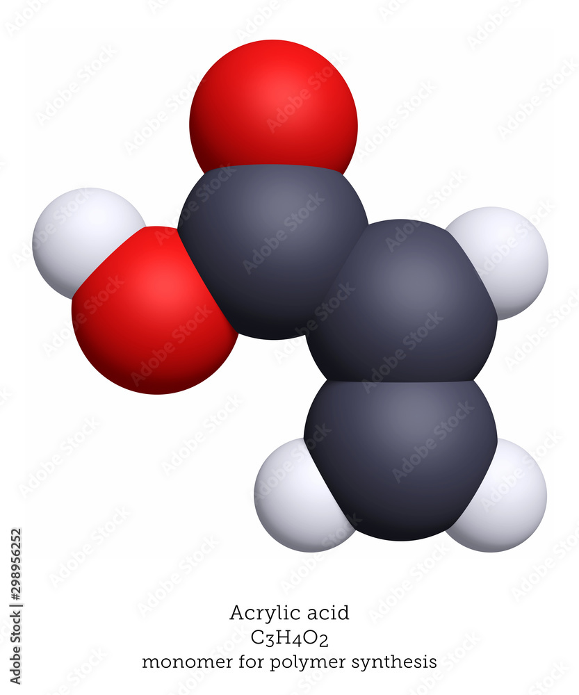 Molecular model of acrylic acid, a precursor for polymer synthesis ...