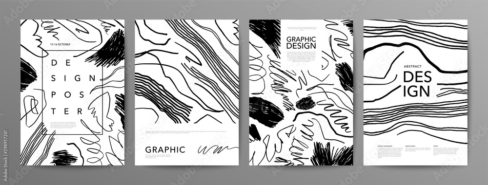 Monocolor abstract vector posters set. Ink pen scribbles, curve lines ...