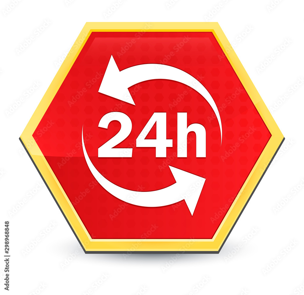 24 hours update icon abstract red hexagon button bright yellow frame ...
