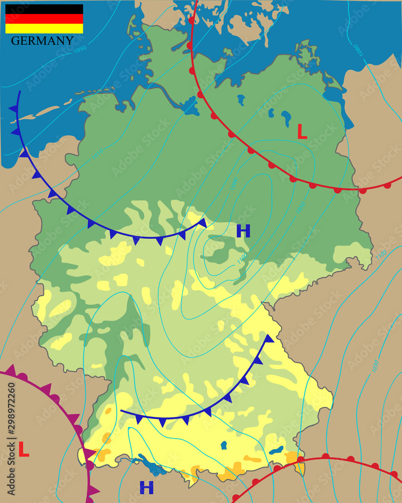 Realistic weather map of the Germany showing isobars and weather fronts ...