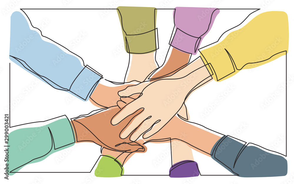 continuous line drawing of team holding hands together Stock Vector ...