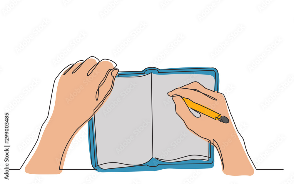 continuous line drawing of hand writing notes in workbook Stock Vector ...
