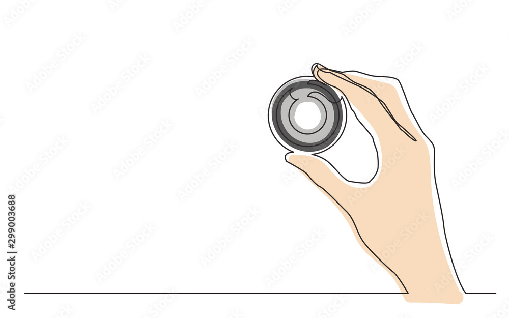 continuous line drawing of hand holding photographic camera lens Stock ...