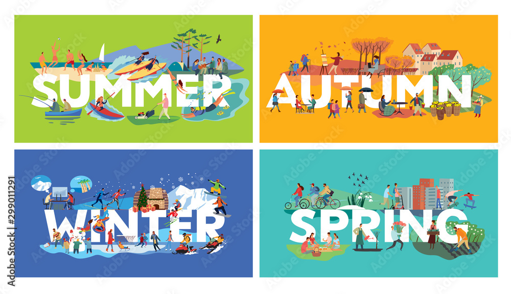 Lettering Summer, Autumn, Winter, Spring and themed plots. Set. Around ...