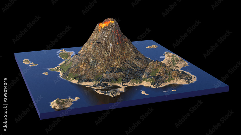 volcano erupts lava, cross section model of island with volcanism ...