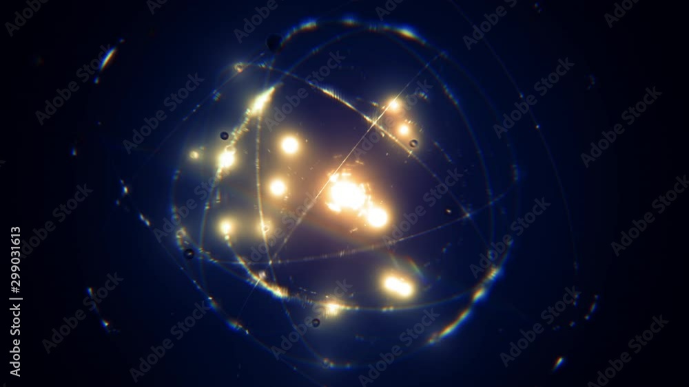 seamlessly looping blue golden atom concept animation shining glowing ...