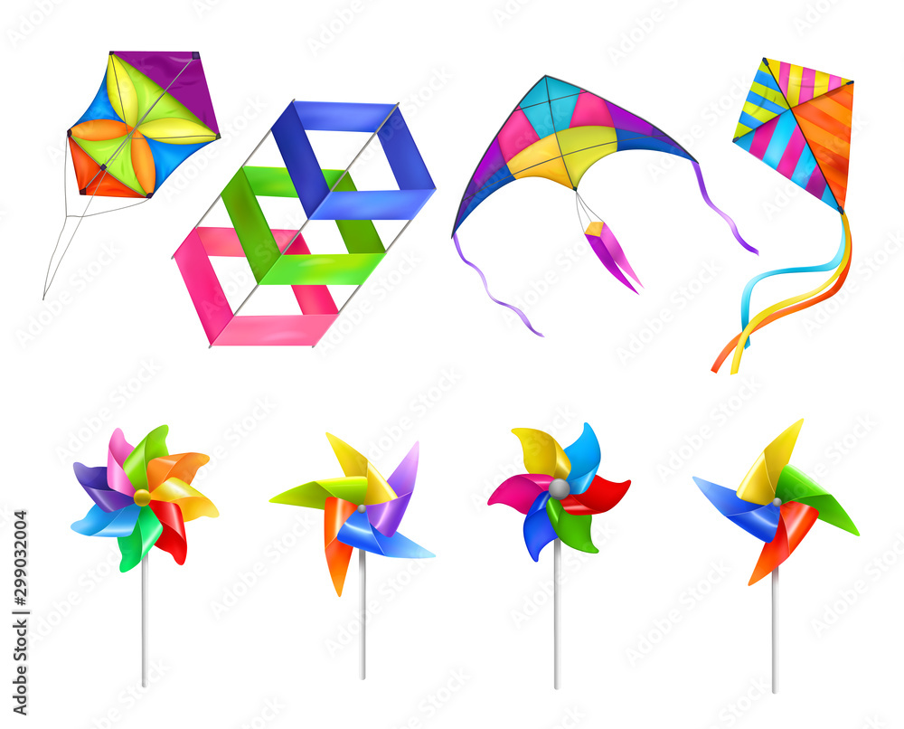 Realistic Kite Wind Mill Toy Icon Set Stock Vector | Adobe Stock