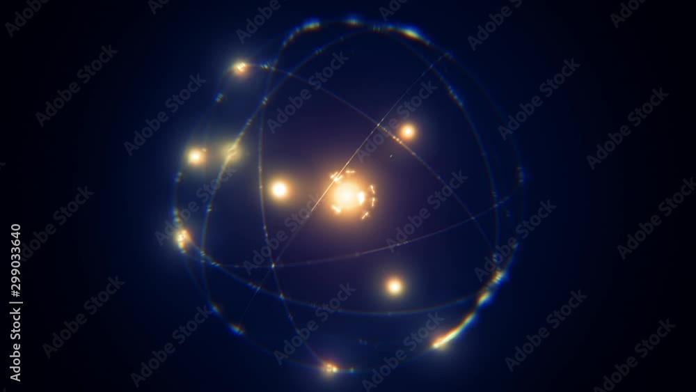 seamlessly looping blue golden atom concept animation shining glowing ...